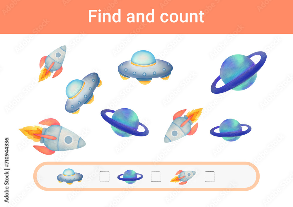 Find all cute spaceships, rockets, planets, flying saucers, Count ...