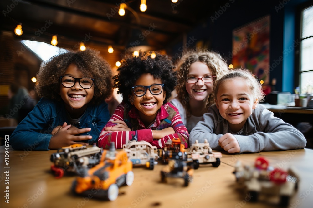 Happy Diverse School Children Using Computers and Coding to Build ...