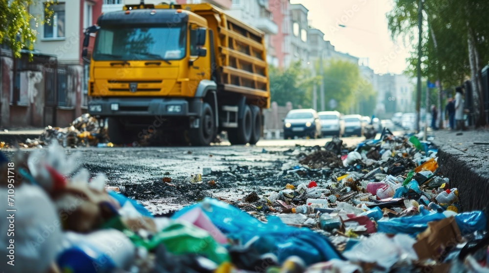 car city road full of garbage on the sides, plaster, paper, burning ...