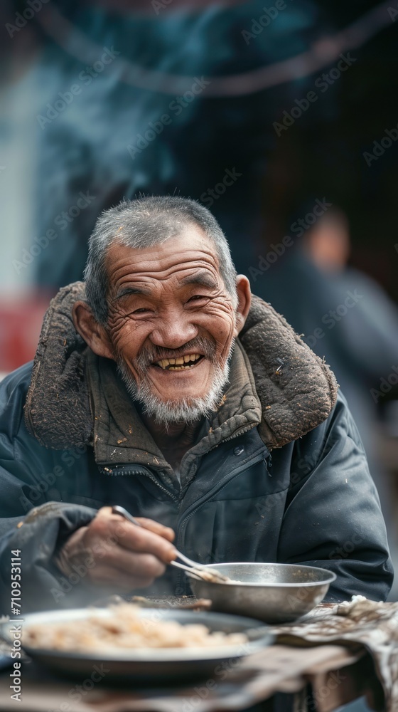 vertical photo of asian chinese homeless poor middle aged man eating ...