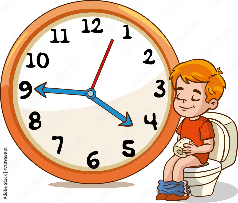 child going to the toilet.Daily routine with simple clocks.Vector set ...