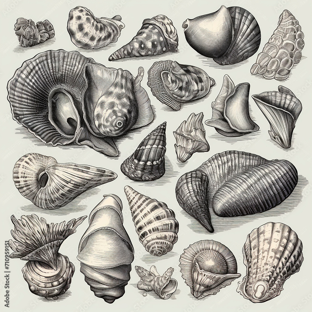 Shells of different shapes and types, black and white drawing, vintage ...