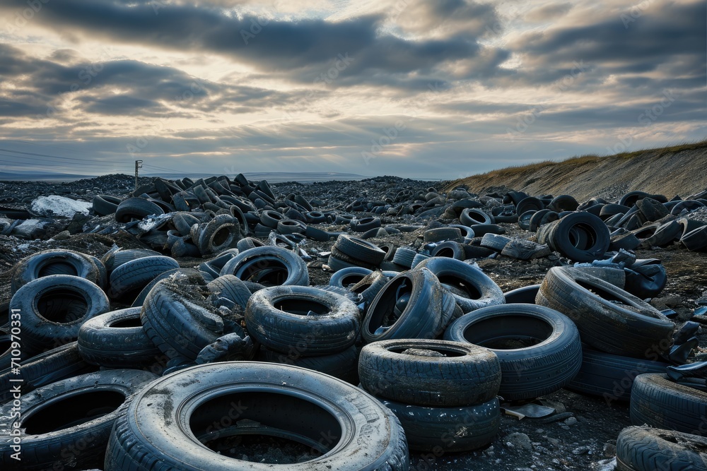 Landfill full of used tires. Recycling of used tires. Wheel dump. Stock ...