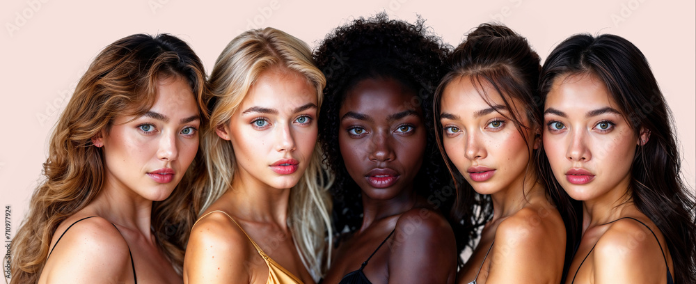 Young women of different races friendly standing and demonstrating ...