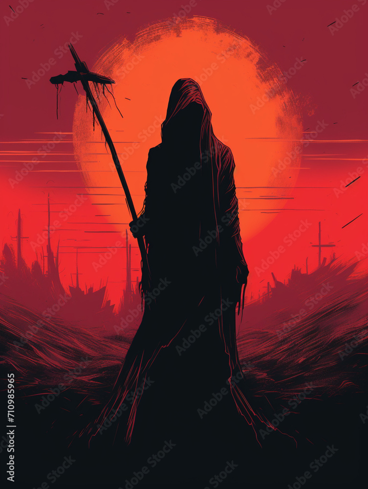 T-shirt design, a creep carrying a scythe near a red sun, in the style ...