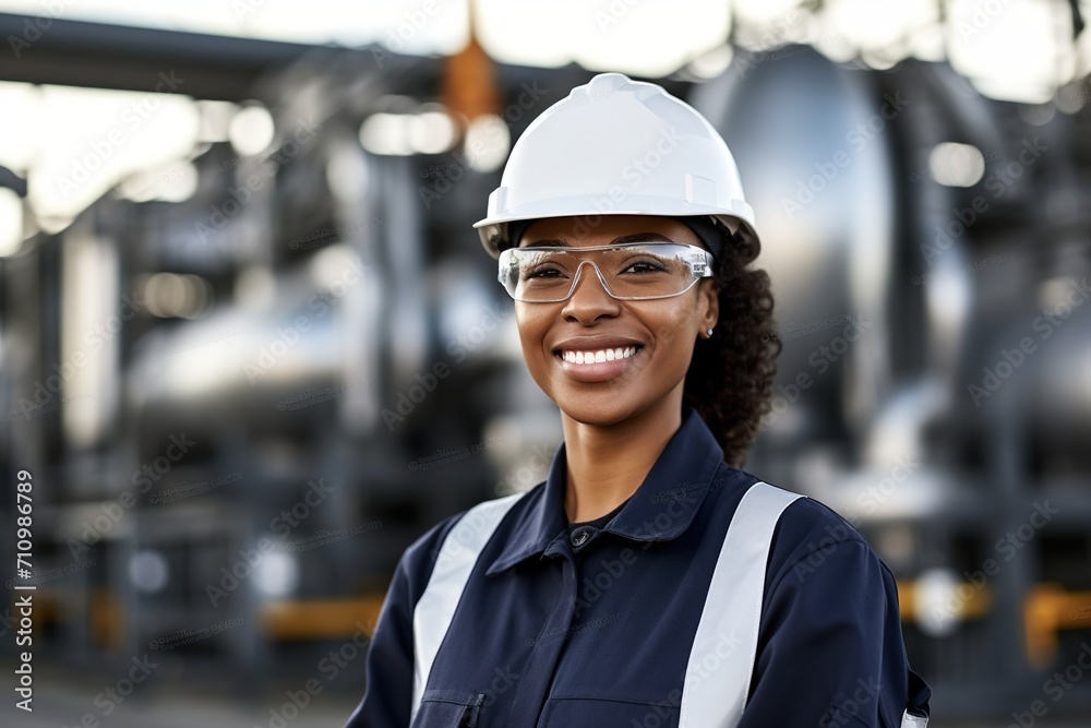 Smiling black female engineer wearing hard hat and safety glasses at ...