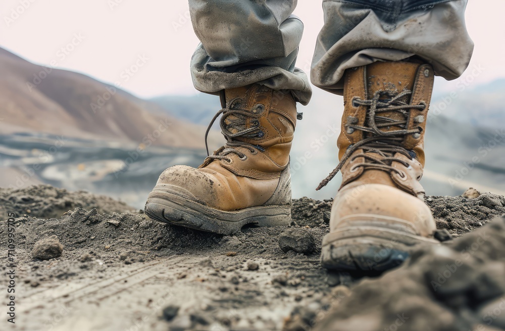 A rugged construction worker, clad in leather safety boots, stands ...