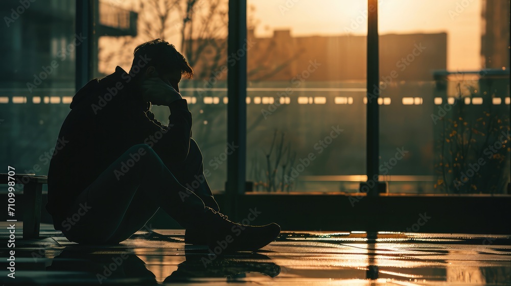 Silhouette of depressed man sitting on walkway of residence building ...
