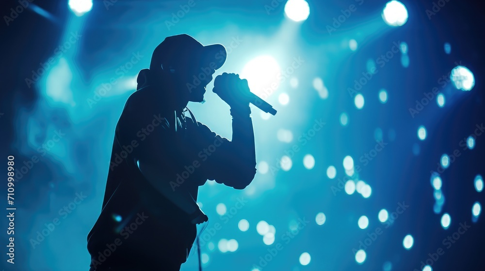 Silhouette of rap singer performing on stage. Bright blue background ...