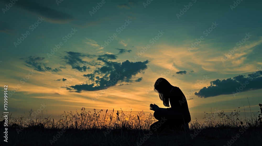 Silhouette of woman kneeling down praying for worship God at sky ...