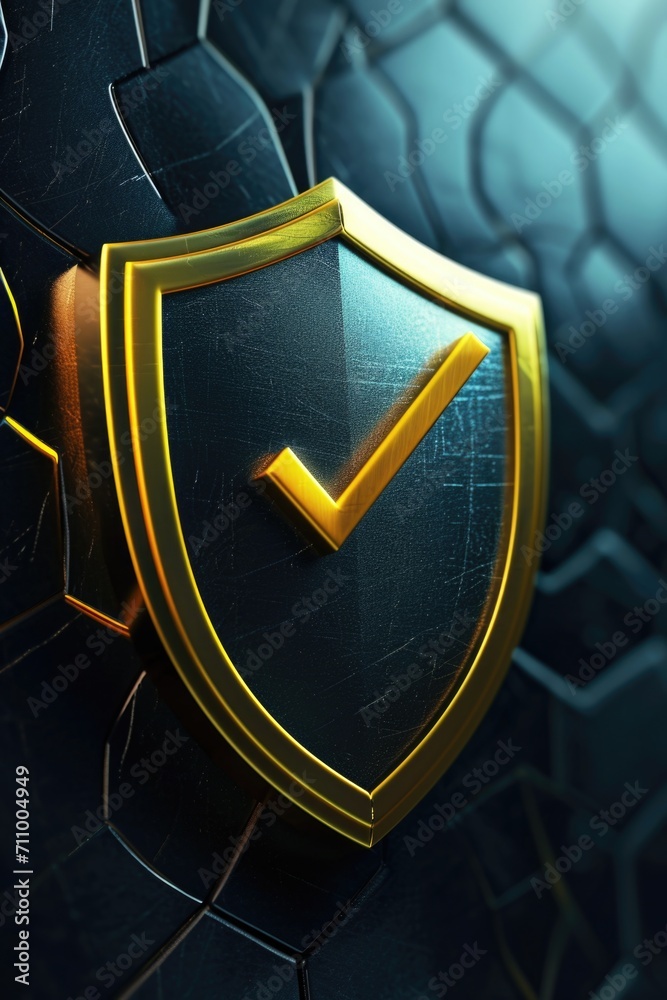 A gold and black shield with a check mark symbol on it. Can be used to ...