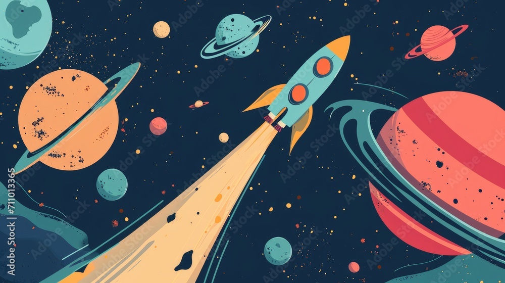 Space background with rocket and planets. Vector illustration in flat ...