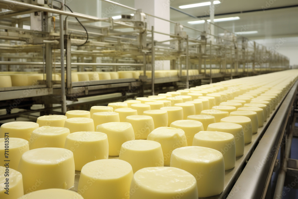 Rows of cheese wheels on an assembly line in a modern cheese factory ...
