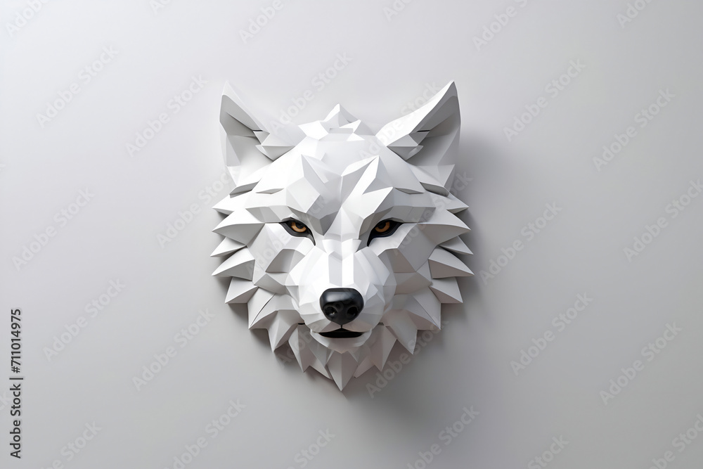 White low poly wolf head on a blank white wall - Generative AI Stock ...