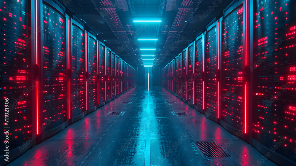 Modern Data Technology Center Server Racks In Dark Room Visualization