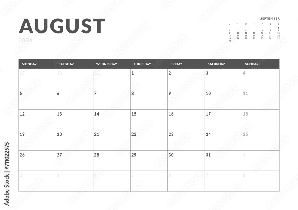 Monthly page Calendar Planner Templates of August 2024. Vector layout ...