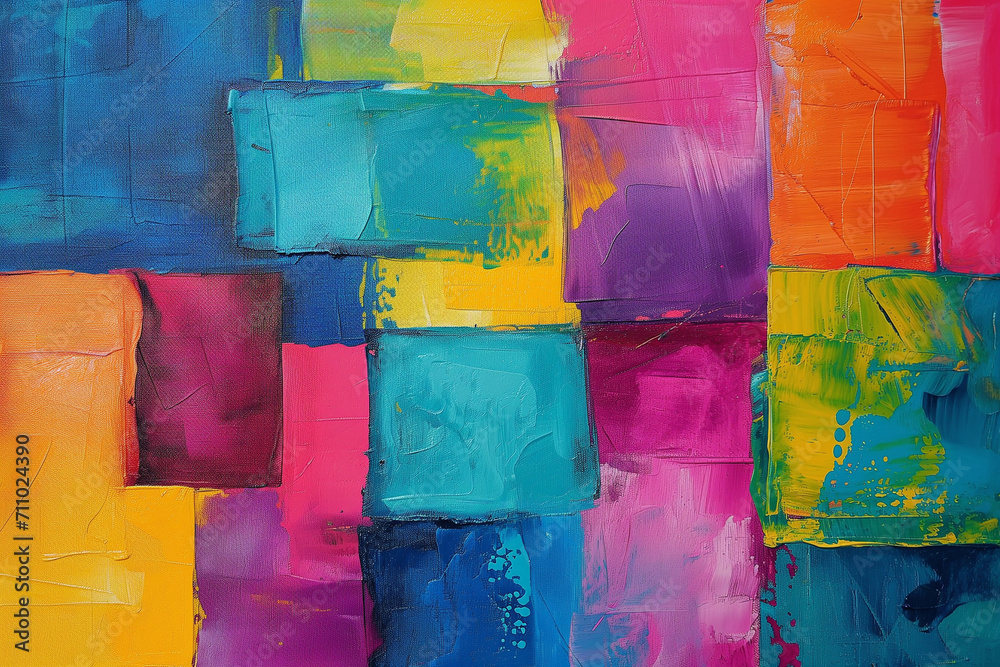 "Abstract oil painting with vibrant jewel tones and textured blocks of ...