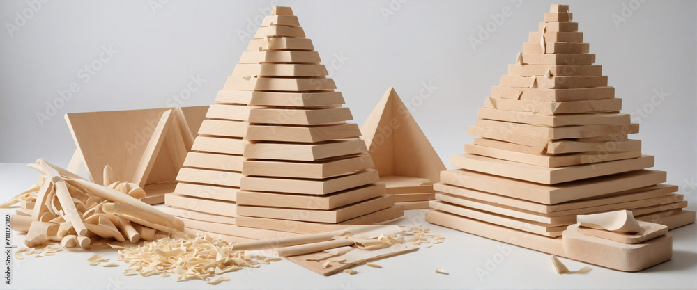 Wooden spiral shavings arranged in a pyramid shape on white background ...