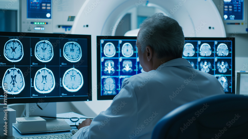 A male medical expert reviews brain images on screens, working in ...