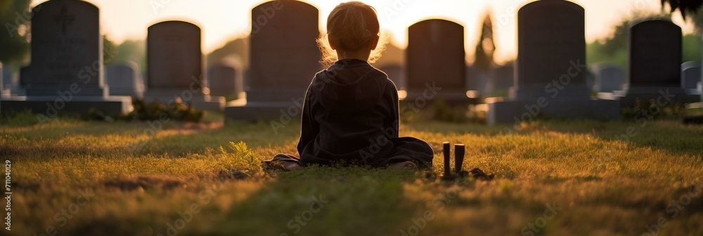 Sad child at a gravestone in a cemetery near a monument. Concept: grief ...