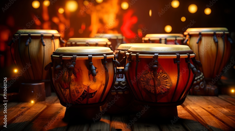 Conga drums on stage, lit by warm stage lights with a bokeh effect ...