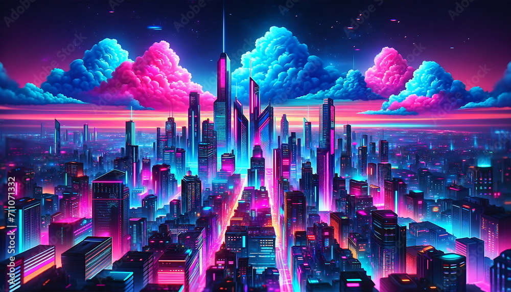 Synthwave retro-futuristic cyberpunk style city landscape with clouds ...