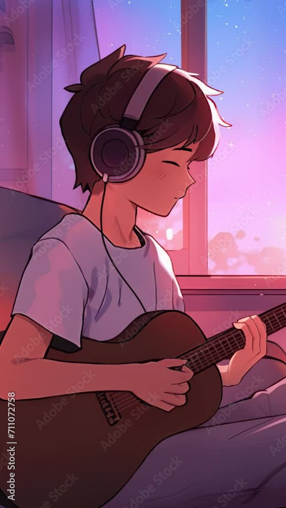 Lofi animation. Seamless loop. Guy playing guitar. Assets were created ...
