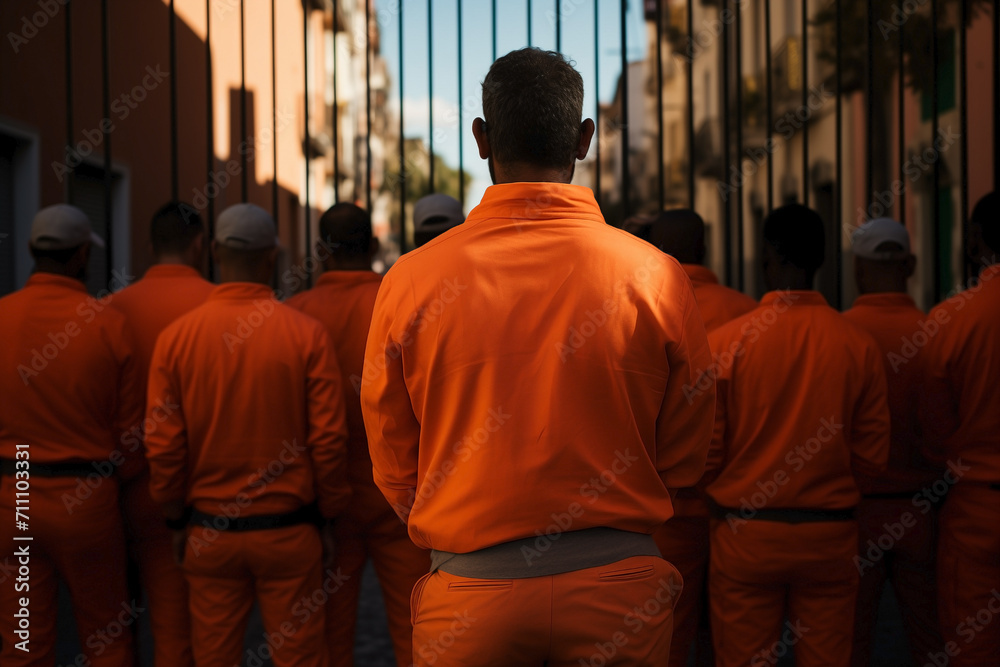 Foto de Inmates in a penitentiary center. Group of unrecognizable ...