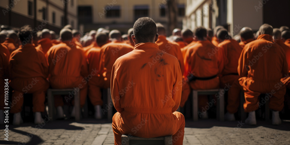 Inmates in a penitentiary center. Group of unrecognizable prisoners in ...