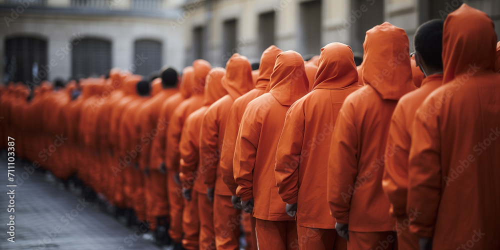 Inmates in a penitentiary center. Group of unrecognizable prisoners in ...