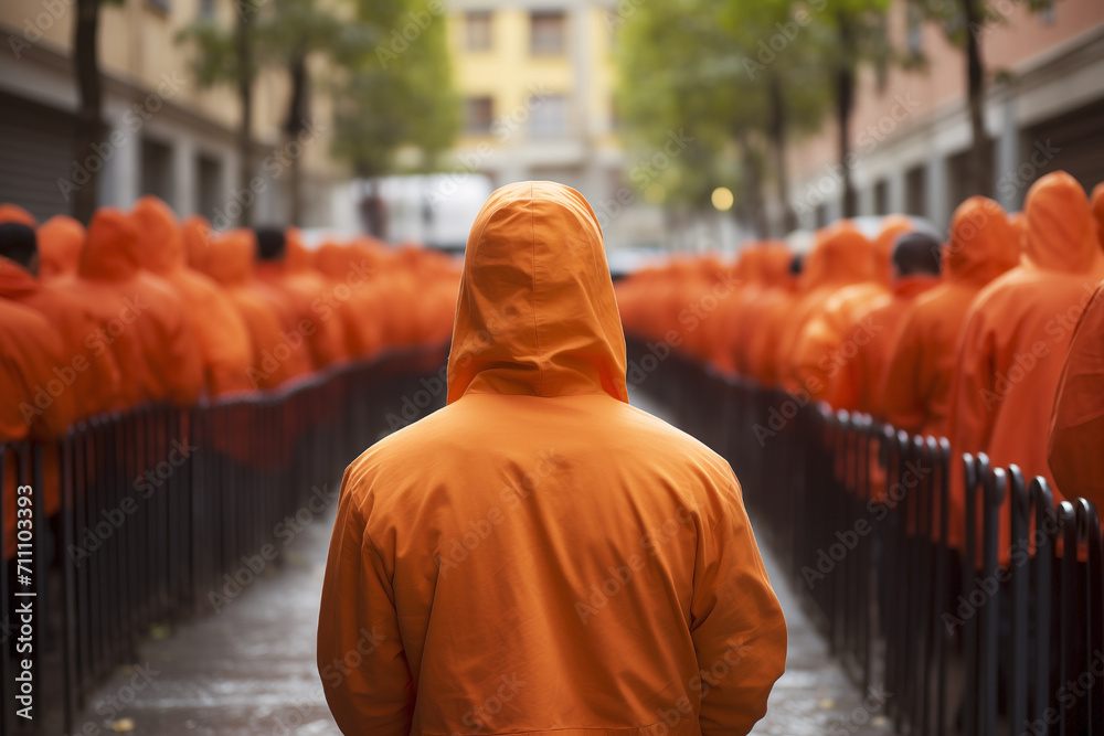 Inmates in a penitentiary center. Group of unrecognizable prisoners in ...