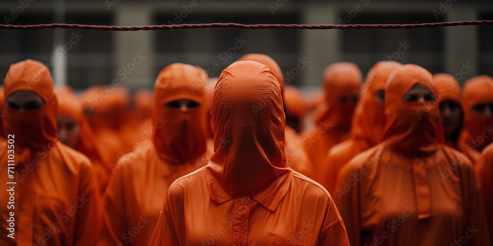 Inmates in a penitentiary center. Group of unrecognizable prisoners in ...