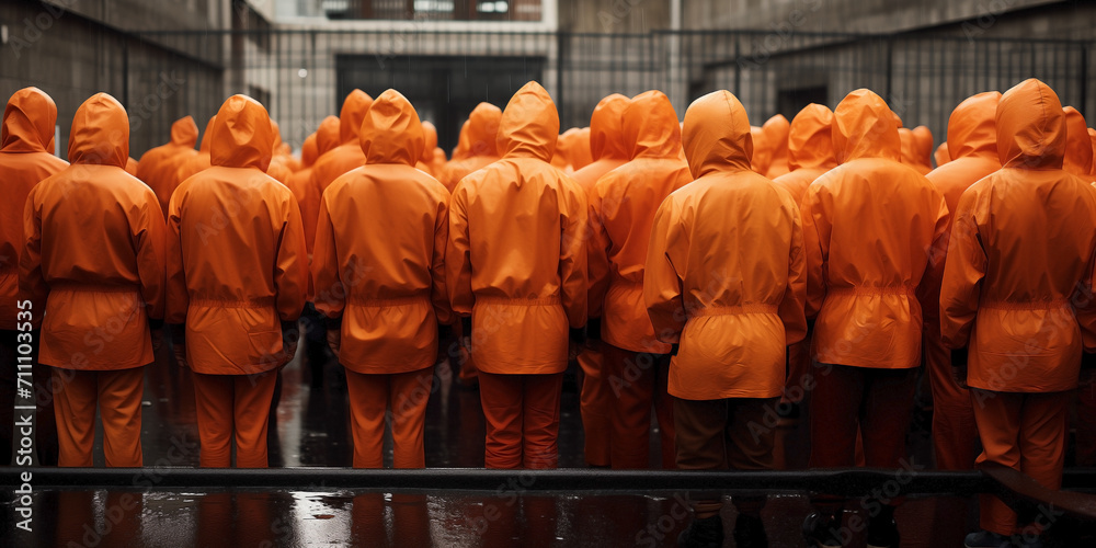 Inmates in a penitentiary center. Group of unrecognizable prisoners in ...