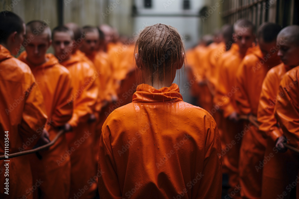 Inmates in a penitentiary center. Group of unrecognizable prisoners in ...