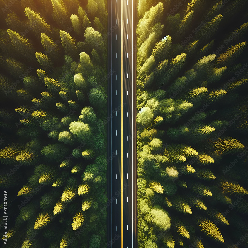 Aerial top view of a Straight Man-Made Path Asphalt Road with a Double ...