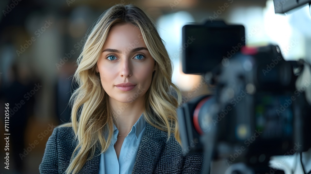 Portrait of a blonde white female news reporter in action, background ...