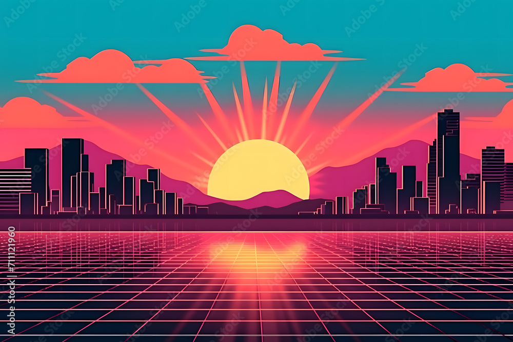Retro wave city background. Neon night landscape with a futuristic city ...