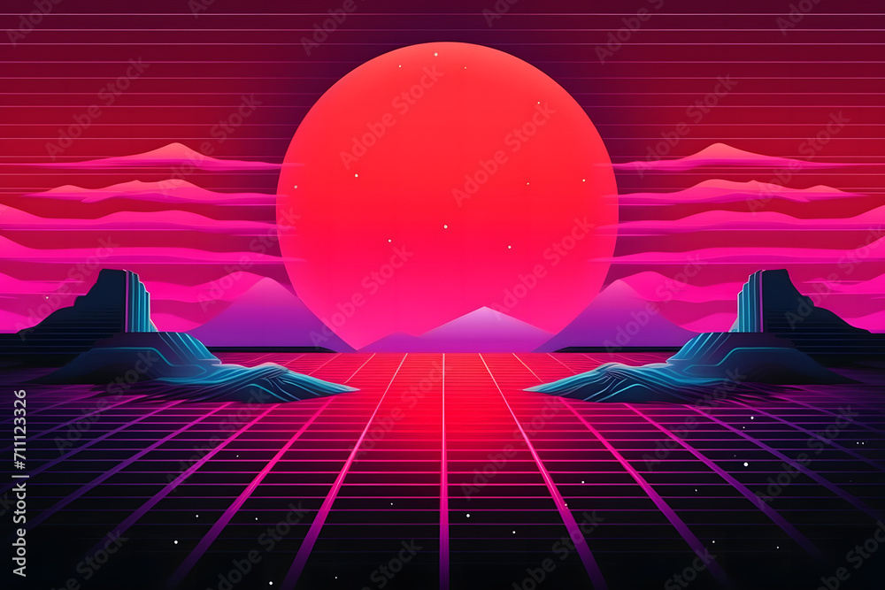 Retro wave city background. Neon night landscape with a futuristic city ...