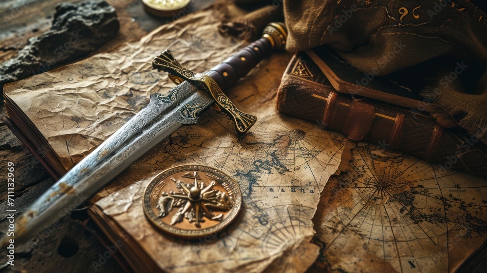 Medieval theme background with dagger, vintage map on table. Stock ...
