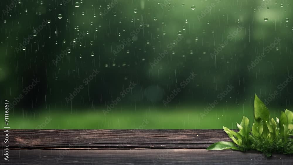 rain drop falling with green nature leaf background. seamless looping ...