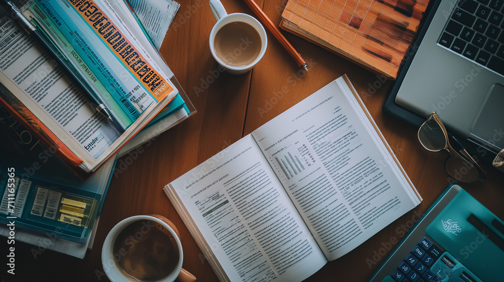 A studious setup featuring an array of academic books, an open laptop ...