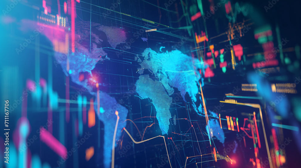 A digital representation of a world map overlaid with dynamic market ...