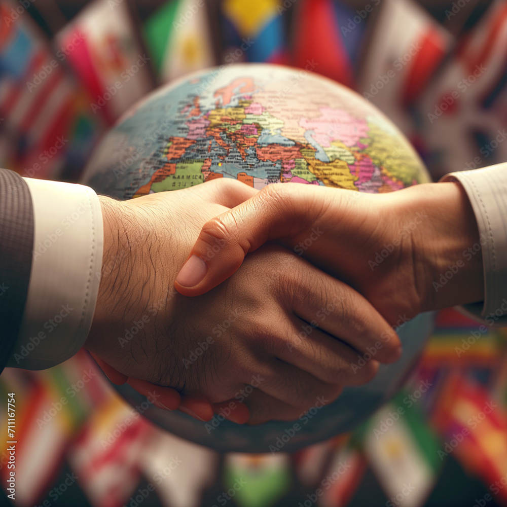 A close-up of a firm handshake conducted over a terrestrial globe ...