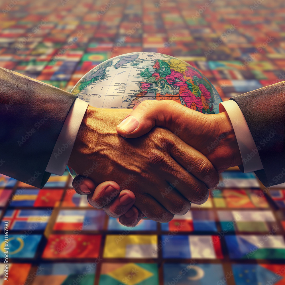 Two hands engaging in a firm handshake over a globe with a mosaic of ...
