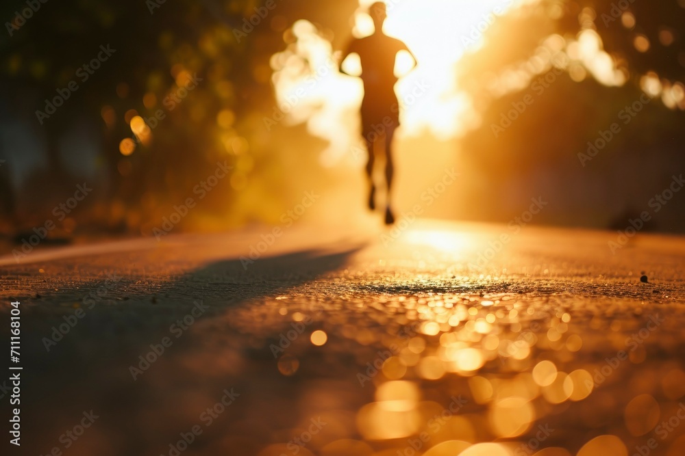 Back view silhouette of a runner man running on the street forest at ...