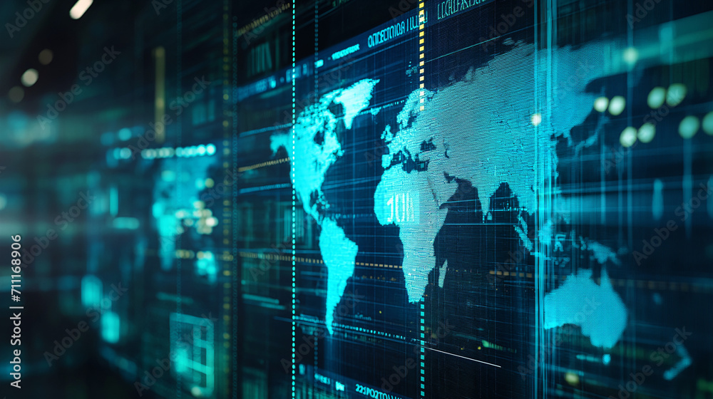 A photorealistic image of a world map with trade routes and economic ...