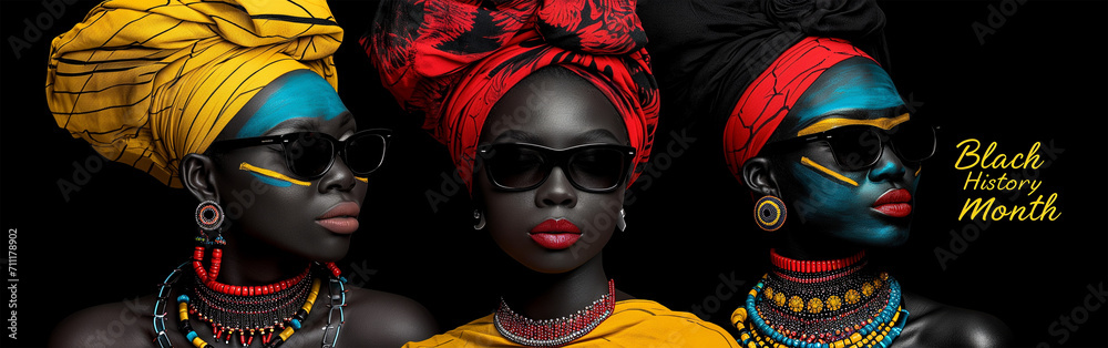 Panoramic banner with group of three African women wearing earrings ...