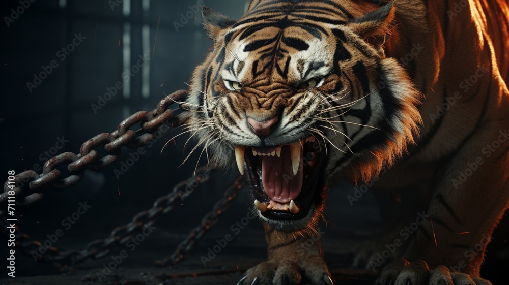 Fierce Tiger Roaring and Struggling Against Restraining Chains in a ...