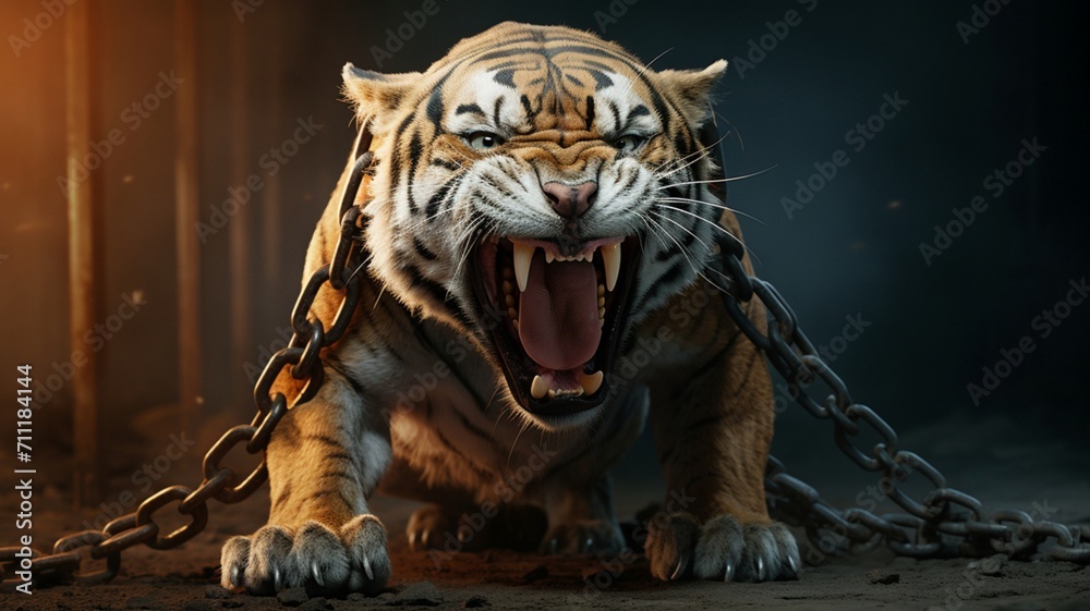 Fierce Tiger Roaring and Struggling Against Restraining Chains in a ...