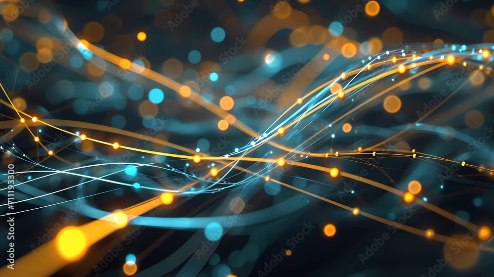 Interweaving Quantum Communication Wires Blue Yellow On Black Scientific Structures